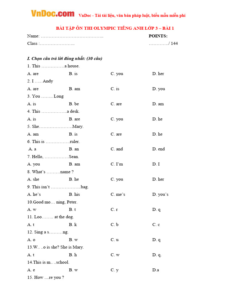 Bo de Luyen Thi Olympic Tieng Anh Lop 3 | PDF