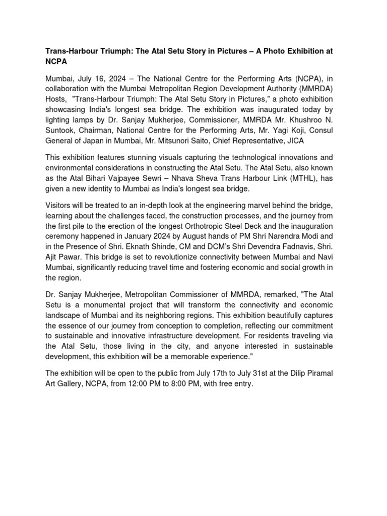 Trans-Harbour Triumph The Atal Setu Story in Pictures A Photo Exhibition at Ncpa.16.07 | PDF