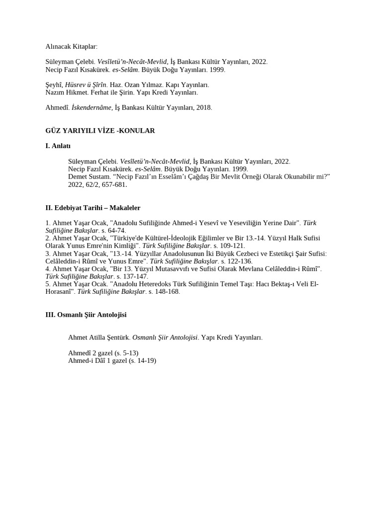 Eski Türk Edebiyatı I Konular (Güz Yarıyılı Vize) | PDF