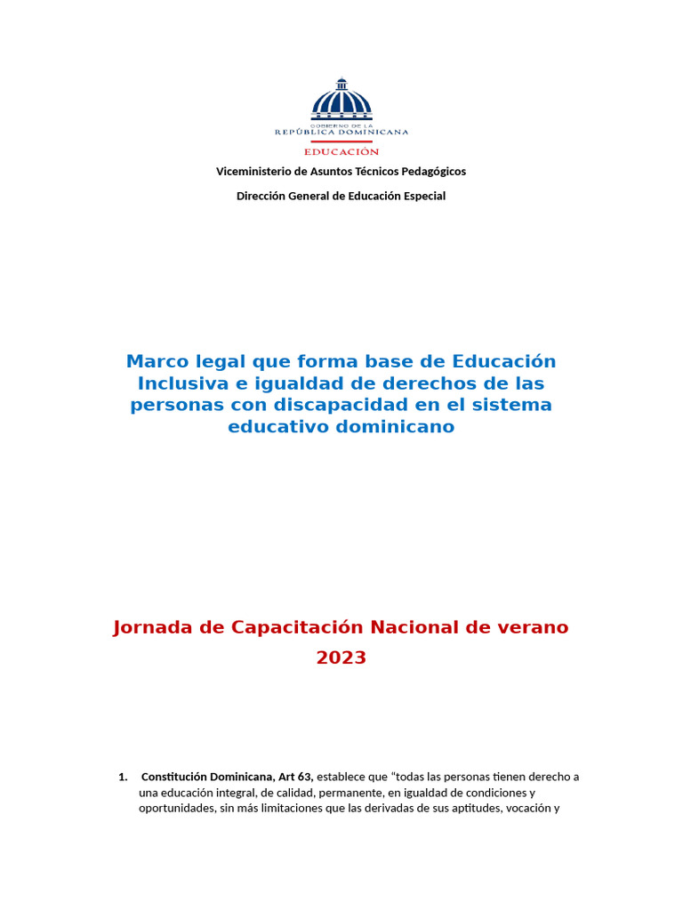 Marco Legal Que Forma Base de Educación Inclusiva e Igualdad de ...