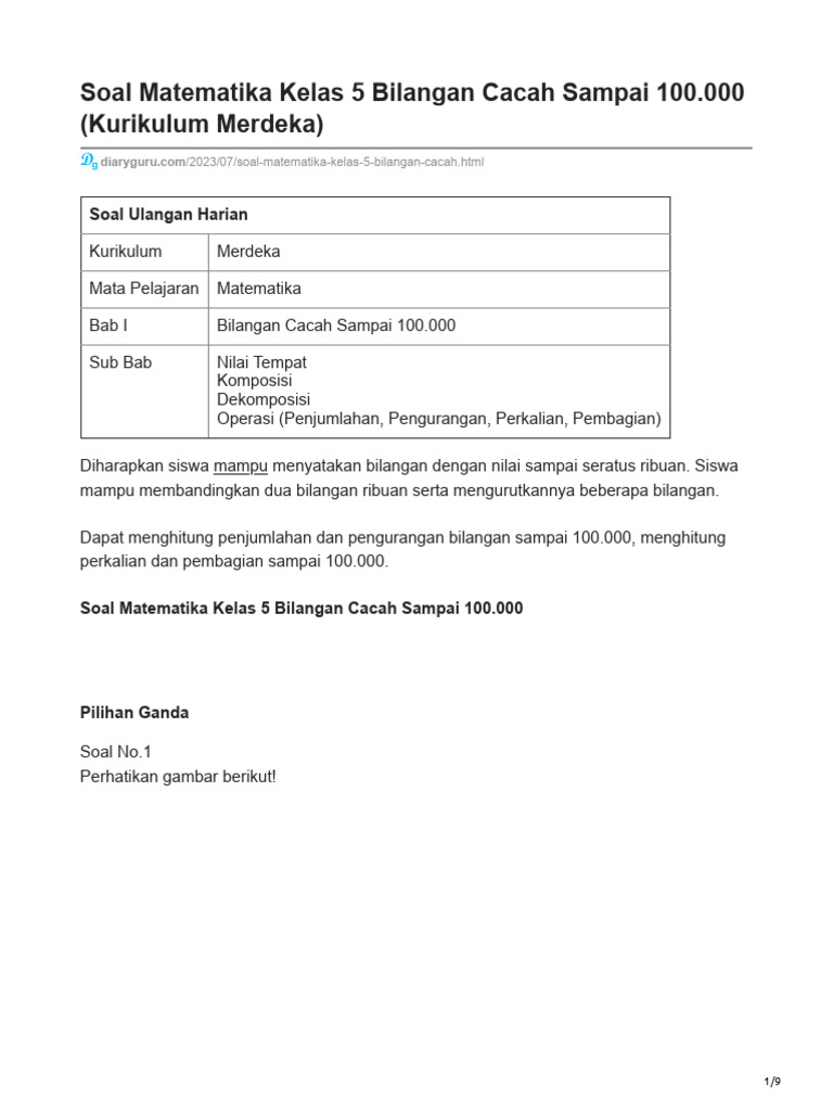 Soal Matematika Kelas 5 Bilangan Cacah Sampai 100000 Kurikulum Merdeka | PDF