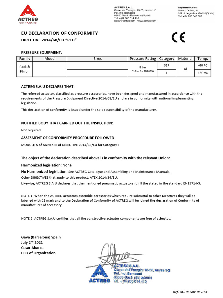 EU Declaration of Conformity PED ACTREG Actuators R&P Rev.13 | PDF