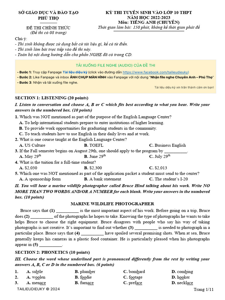 De Thi Tuyen Sinh Vao Lop 10 THPT Chuyen Hung Vuong Phu Tho Mon Tieng Anh Chuyen Nam Hoc 2022 ...