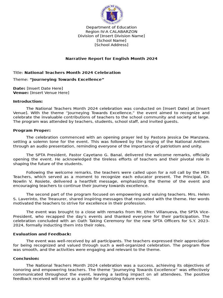 Narrative Report - National Teachers Month 2024 (1) | PDF