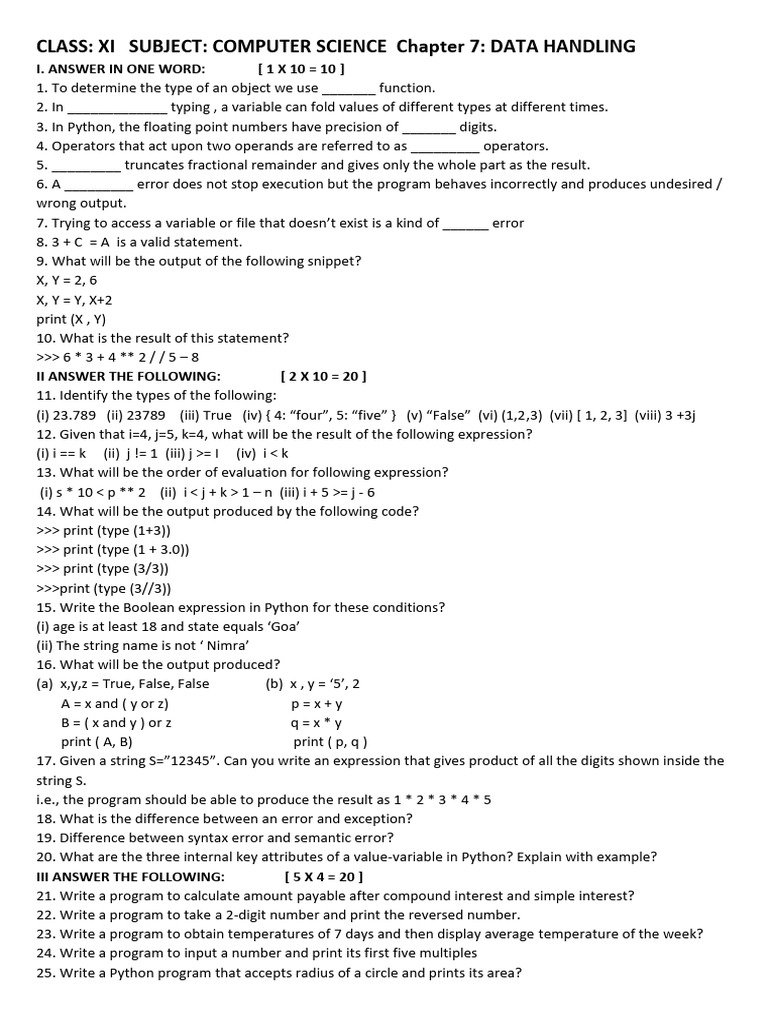 11 CS Chapter 7 Worksheet | PDF | Python (Programming Language) | Boolean Data Type
