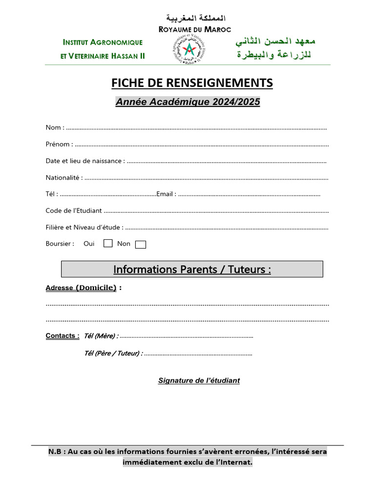 FICHE DE RENSEIGNEMENT (IAV Siège + APESA) 2024-2025 - 0 | PDF