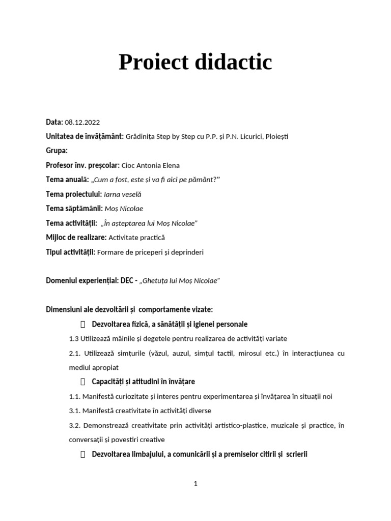 Proiect Didactic MOȘ NICOLAE | PDF