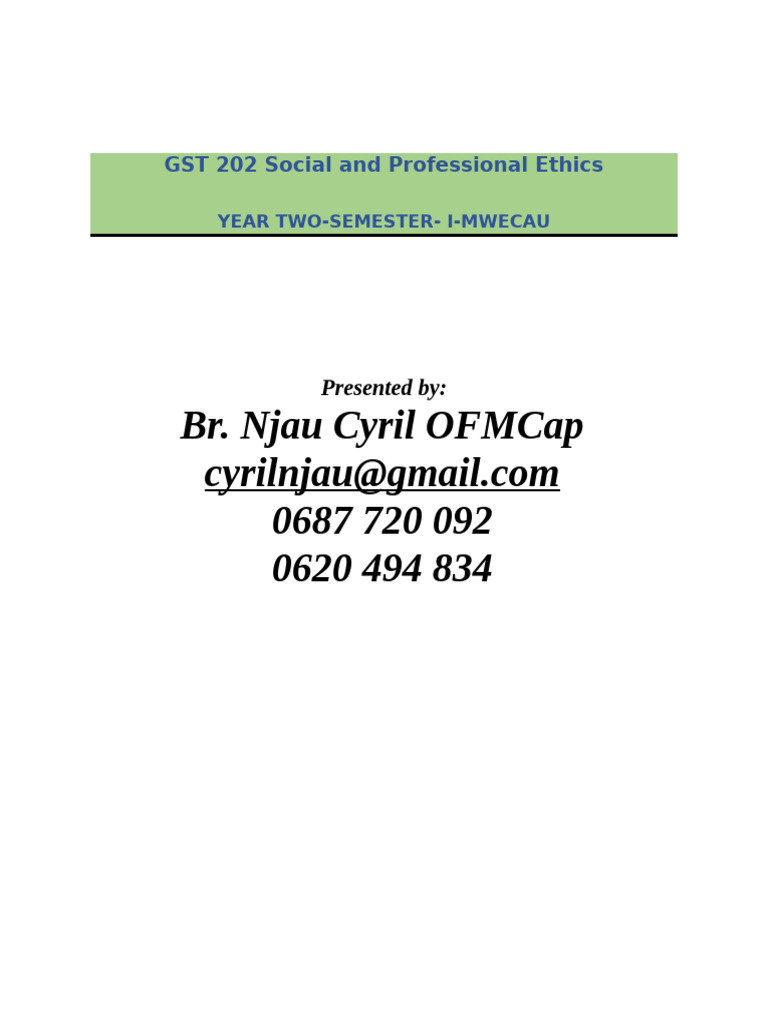 GST 202 Social and Professional Ethics | PDF | Free Will | Morality