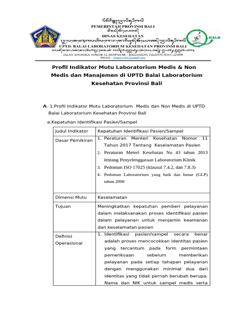 Profil Indikator Mutu Laboratorium Medis &non Medis Dan Manajemen UPTD Lab Kes Pro. Bali Ok | PDF