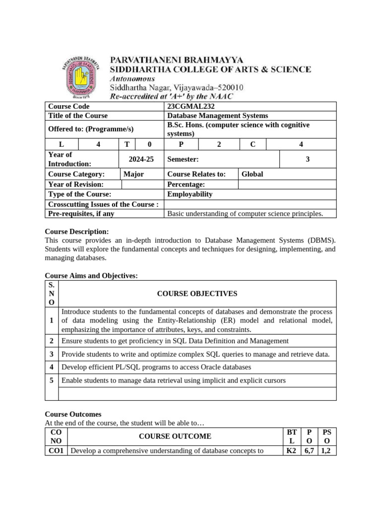 Database Management Systems - B.Sc. Hons. (Computer Science With Cognitive Systems) | PDF
