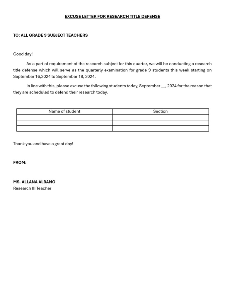 Excuse Letter For Research Title Defense | PDF
