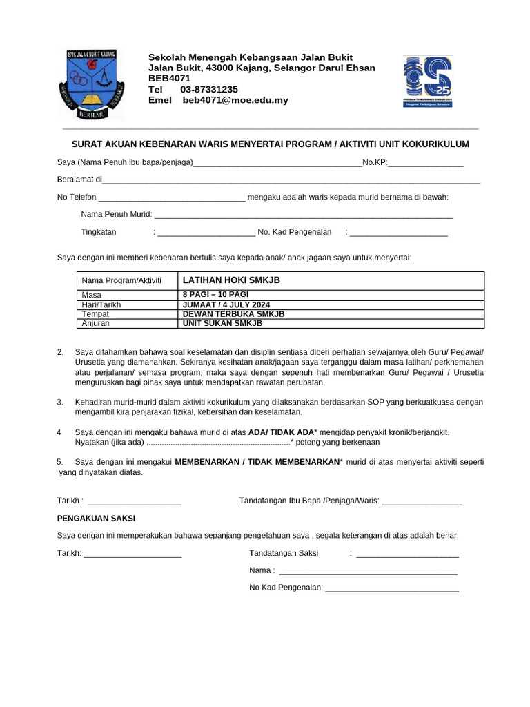 Surat Kebenaran Latihan Hoki 2024 | PDF