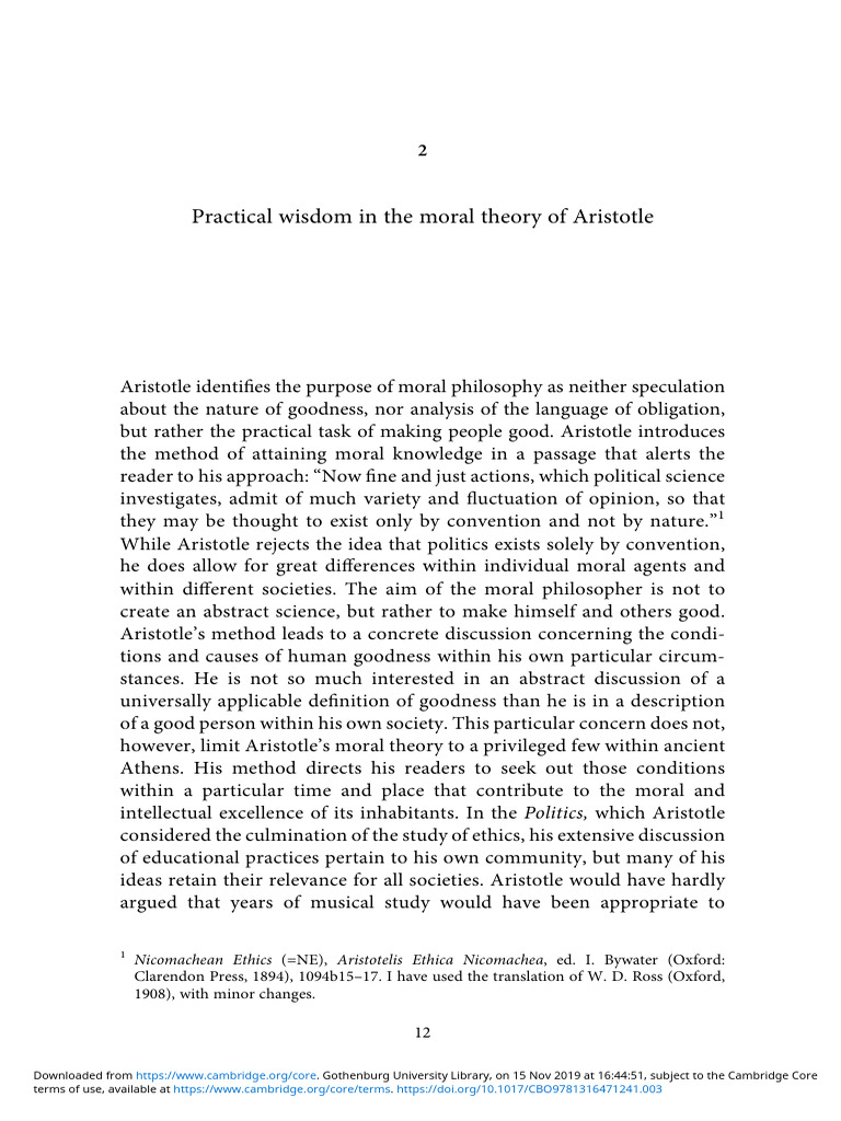 Practical Wisdom in The Moral Theory of Aristotle | PDF