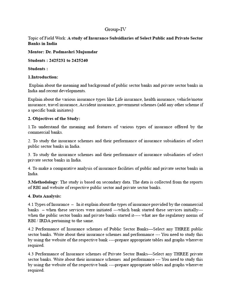 Field Work Project - Guidelines To Group-IV | PDF | Insurance | Finance ...