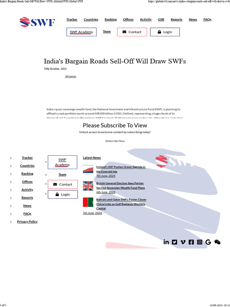 India's Bargain Roads Sell-Off Will Draw SWFs (GlobalSWF) Global SWF | PDF