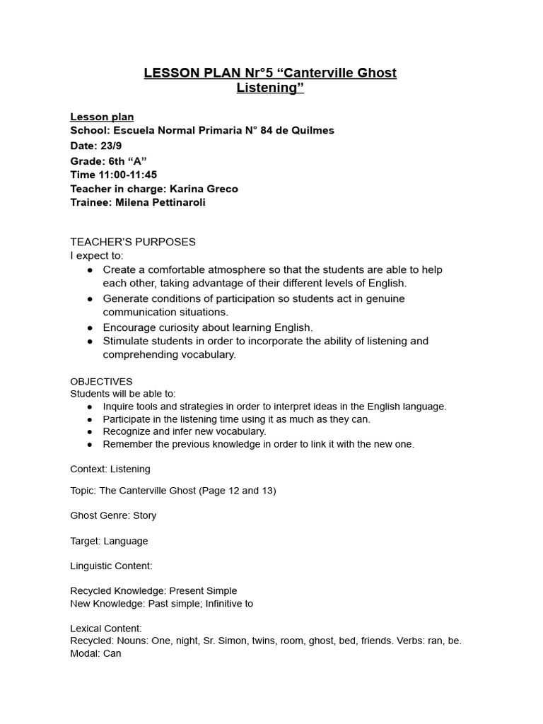 LESSON PLAN Class 5 "Canterville Ghost Listening" Milena Pettinaroli ...