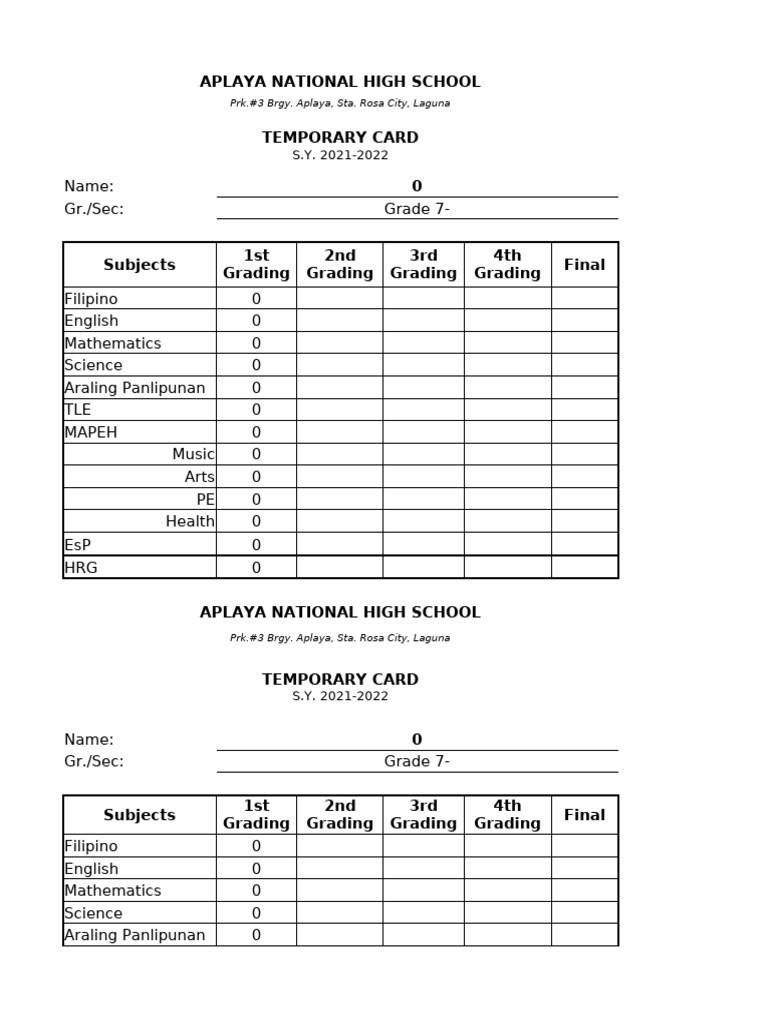 TEMP CARD 2021 2022 Template | PDF