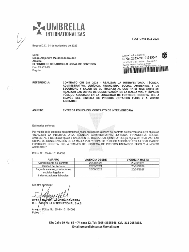 Oficio 003 - ENTREGA PÓLIZA DEL CONTRATO DE INTERVENTORIA - Escaner | PDF