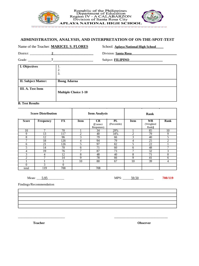 On The Spot Test Sample | PDF