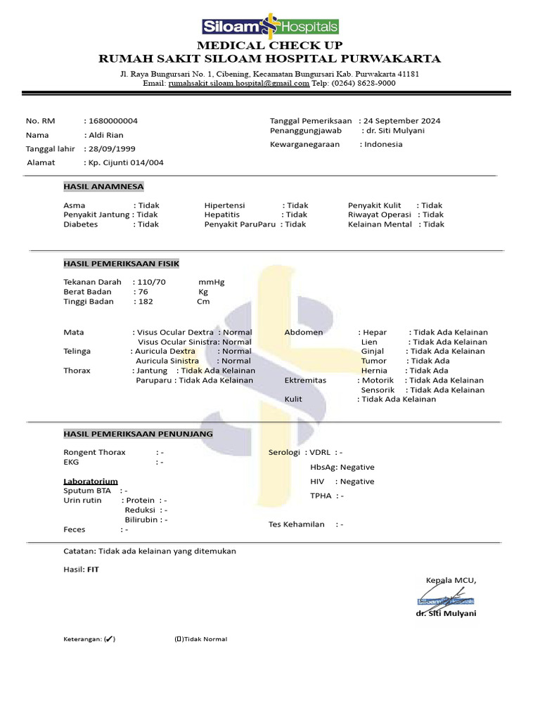 Hasil Pemeriksaan Medical Check Up (Aldi Rian) | PDF