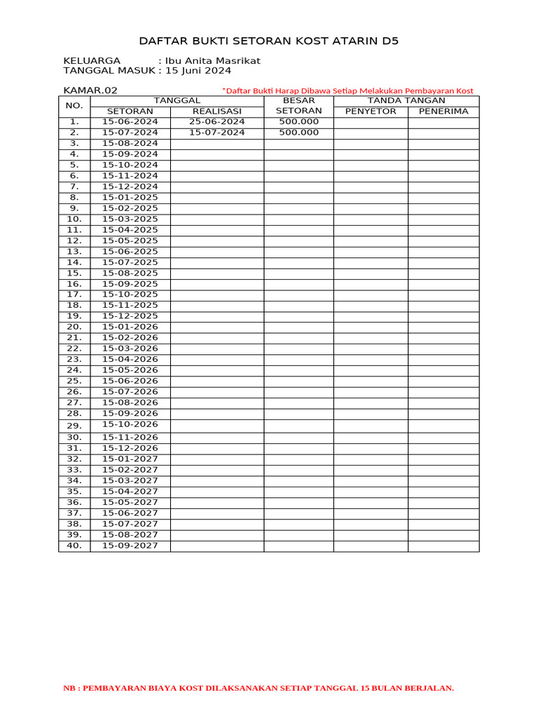 Contoh Format Bukti Setoran Kamar Kost | PDF