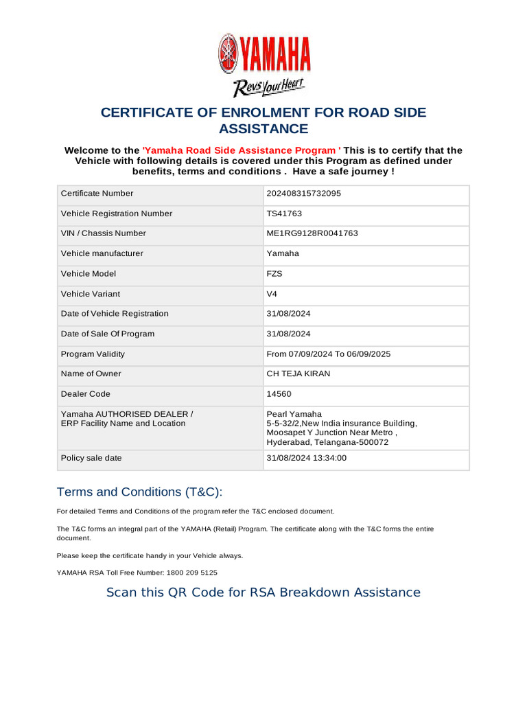 Yamaha Retail RSA Certificate 202408315732095 | PDF