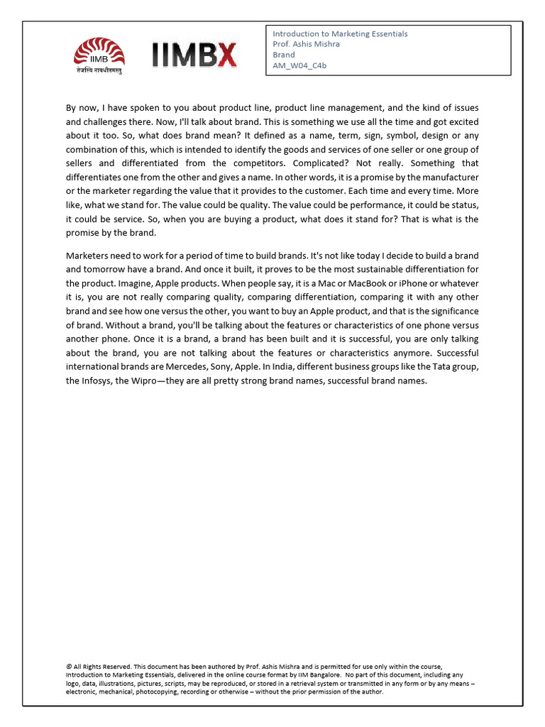 Introduction To Marketing Essentials Prof. Ashis Mishra Brand AM - W04 ...