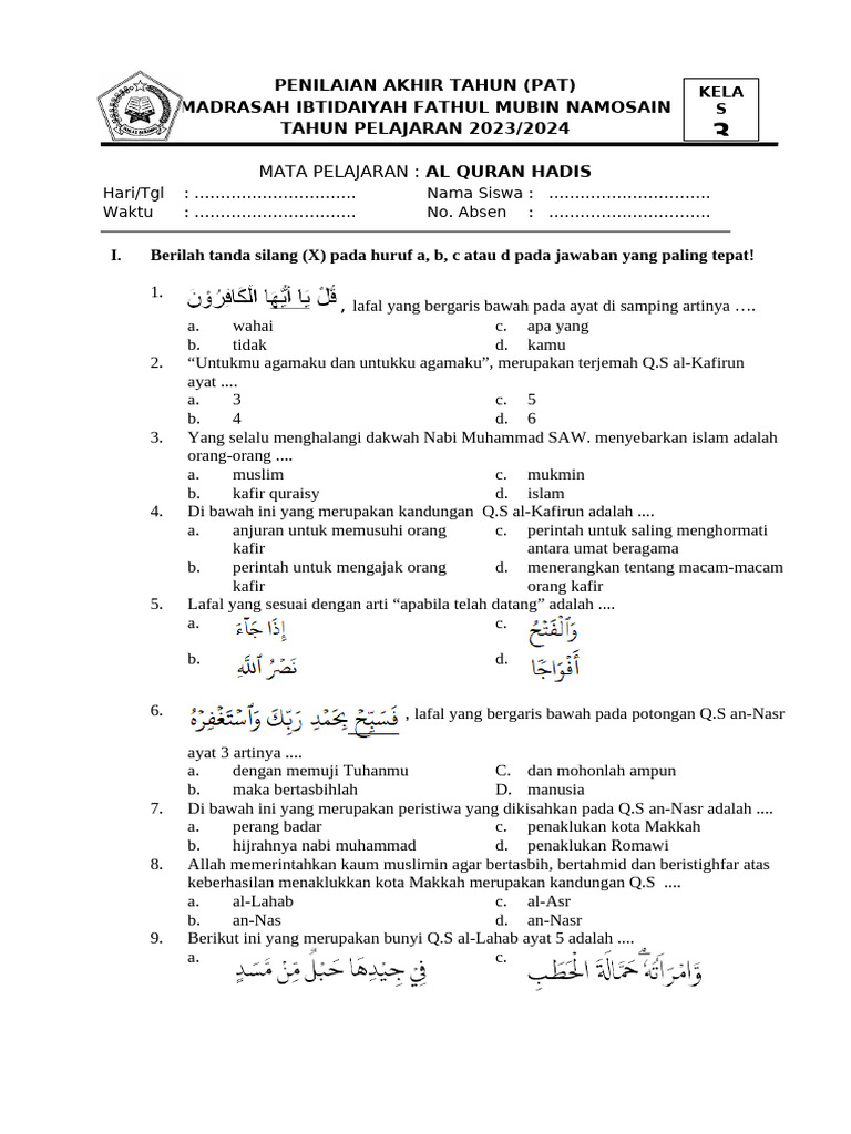 PAT Al Quran Hadis Kls 3 MI Soal Dan Kunci Jawaban | PDF