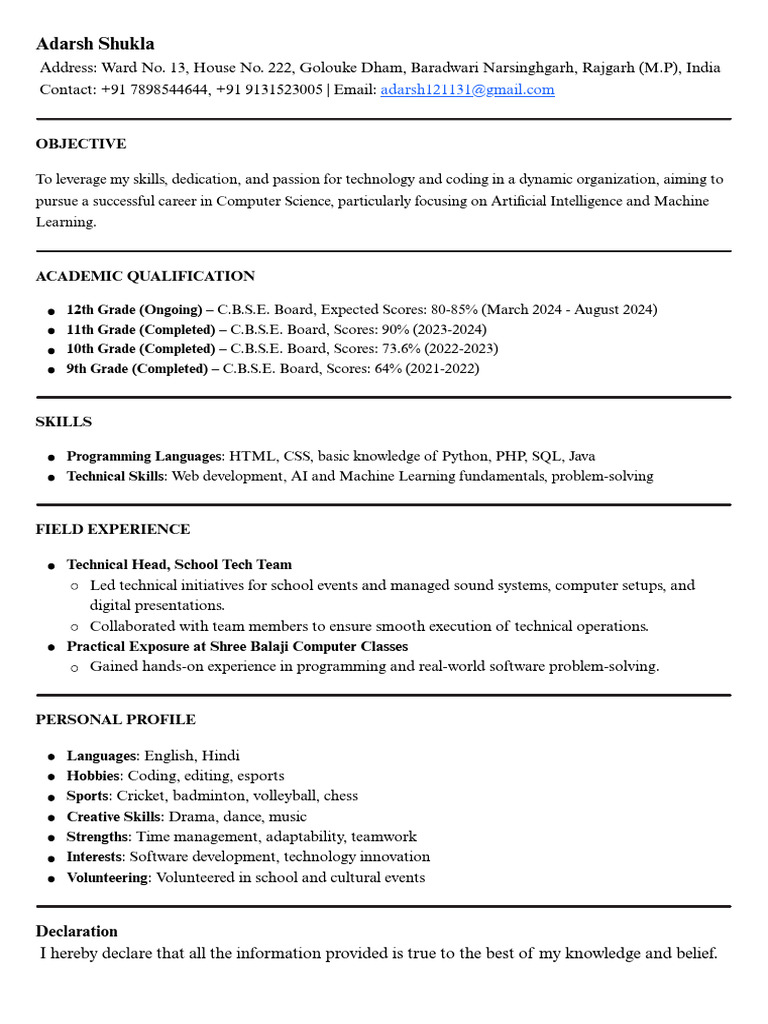 Adarsh Shukla: Declaration | PDF