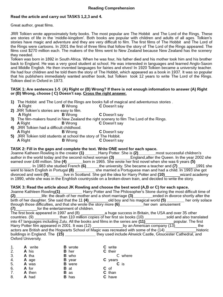 Reading Comprehension Grammar Drills Reading Comprehension Exercises ...