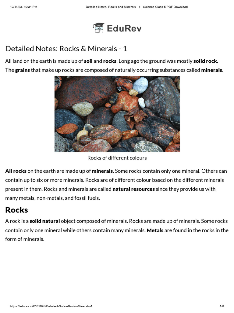 Detailed Notes - Rocks and Minerals - 1 - Science Class 5 PDF Download ...