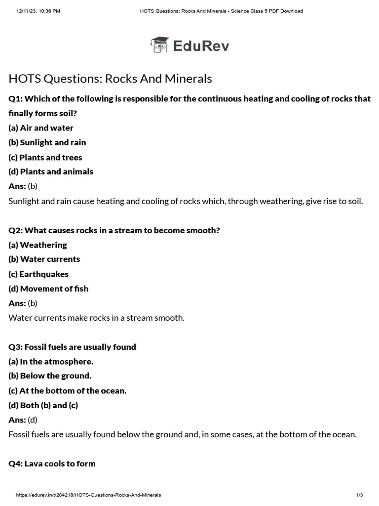 HOTS Questions - Rocks and Minerals - Science Class 5 PDF Download ...