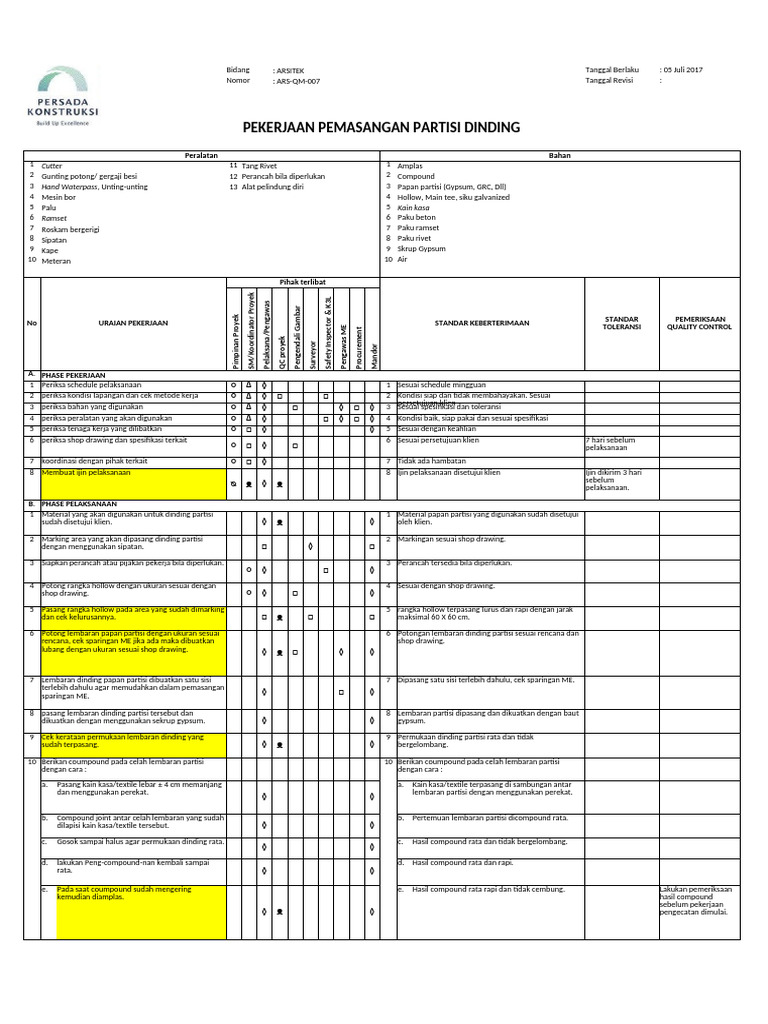 ARS-QM-007-Pekerjaan Pemasangan Partisi Dinding | PDF