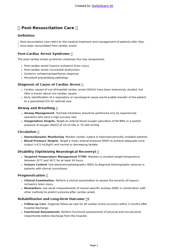 Post-Resuscitation Care Guidelines and Management | PDF