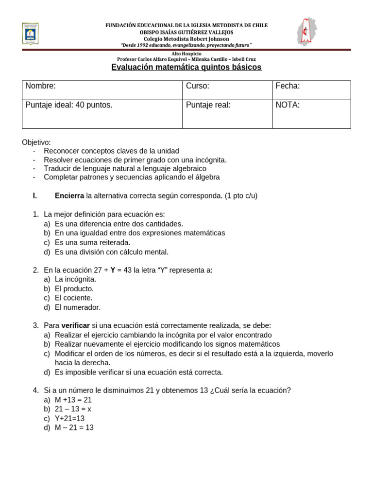 MATE PRUEBA Ecua 5tos | PDF