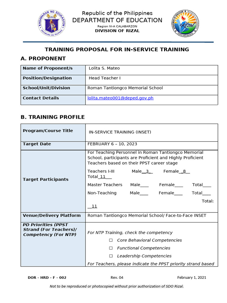 RTMS INSET2022 - 2023 Training Proposal | PDF