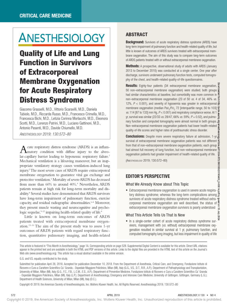 Quality of Life and Lung Function in Survivors of Extracorporeal ...