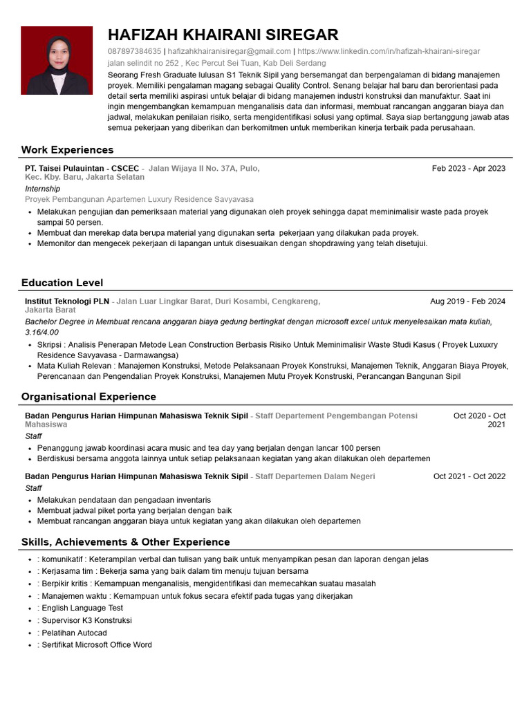Hafizah Khairani Siregar CV | PDF