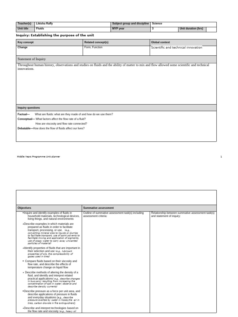 MYP Unit Planner Unit 3 Grade 8 | PDF