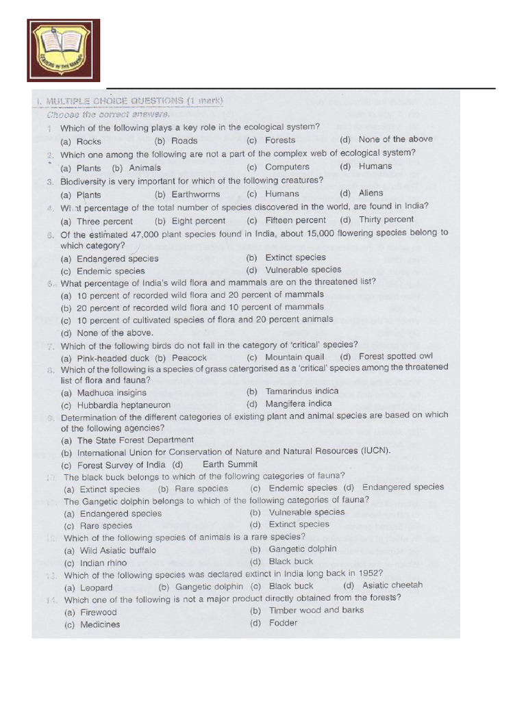1 MCQ Worksheet - Geo Ch-2 Forest & Wildlife | PDF