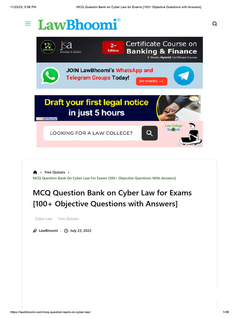 MCQ Question Bank On Cyber Law For Exams (100+ Objective Questions With ...