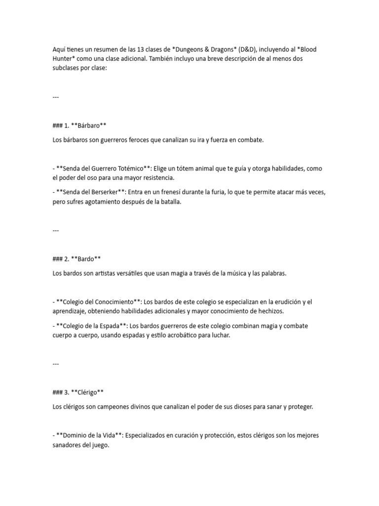 14 Clases y Subclases de DND, Resumen, Con Mencion de Subclases | PDF