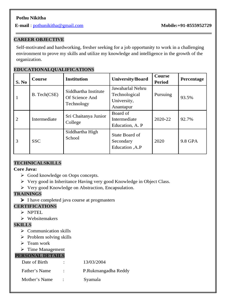 Pothu Nikitha Resume | PDF