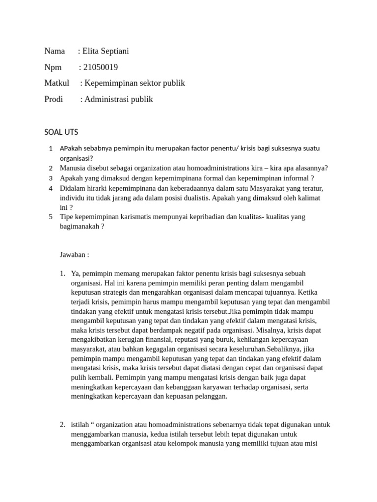 UTS Elita Septiani (Kepemimpinan Sektor Publik) | PDF