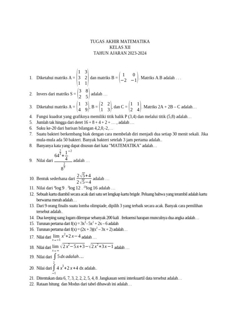 Tugas Akhir Matematika Kelas Xii | PDF | Metode & Bahan Ajar