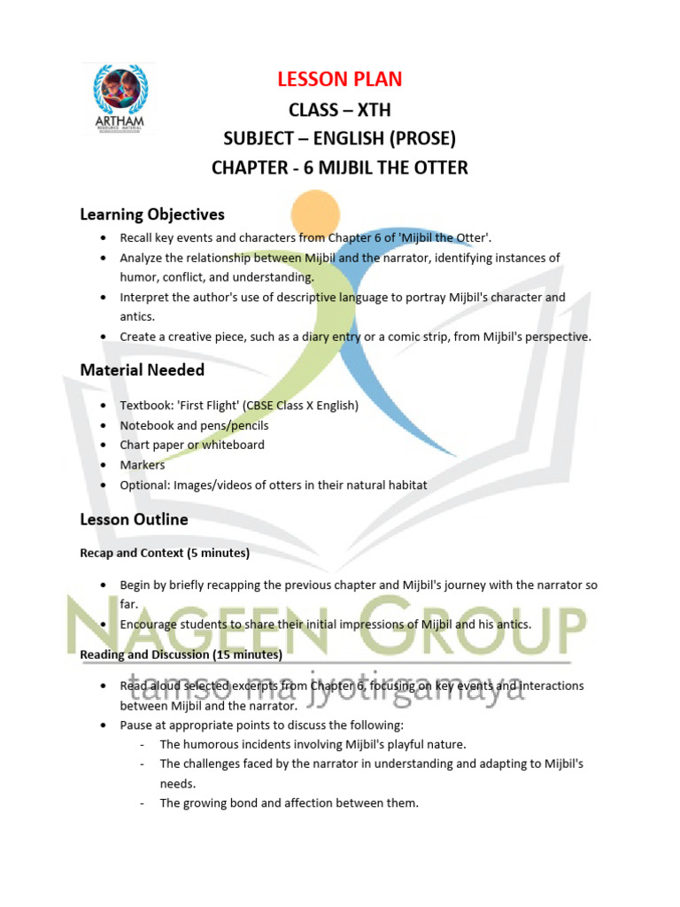 Class - XTH Lesson Plan English (Prose) Chapter - 6 Mijbil The Otter | PDF