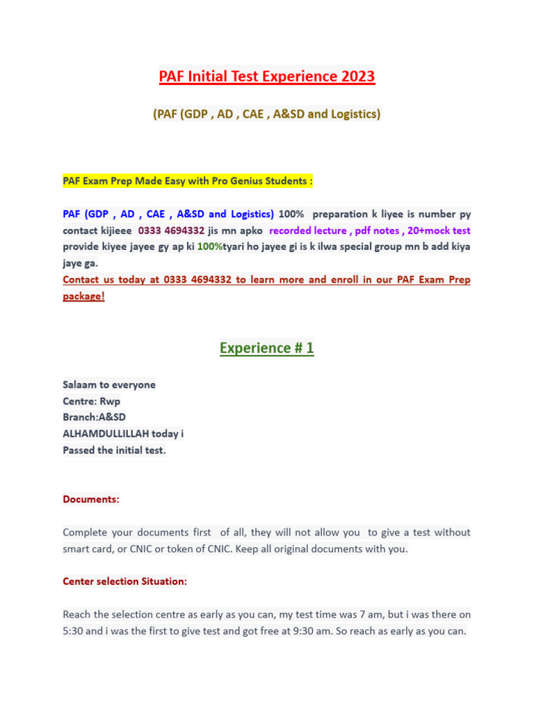 PAF Initial Test Experience 2023 | PDF