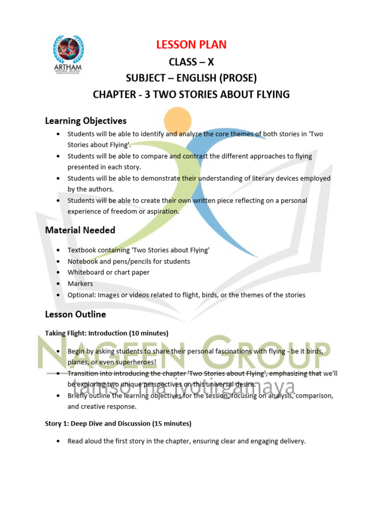 Class - XTH Lesson Plan English (Prose) Chapter - 3 Two Stories About Flying | PDF