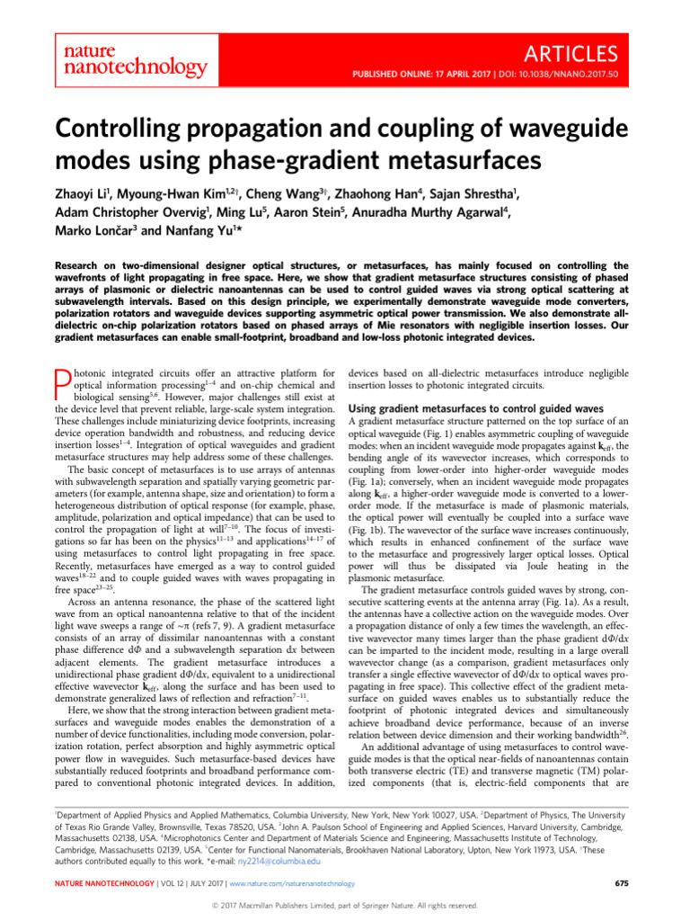 Nature Controlling Propagation and Coupling of Waveguide Modes Using Phase-Gradient Metasurfaces ...