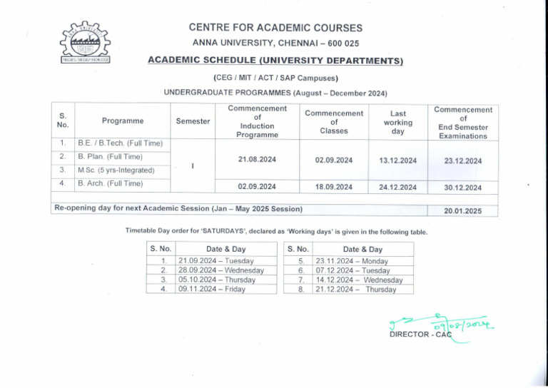 UG - Semester I (Aug - Dec 2024 Session) - Academic Schedule | PDF